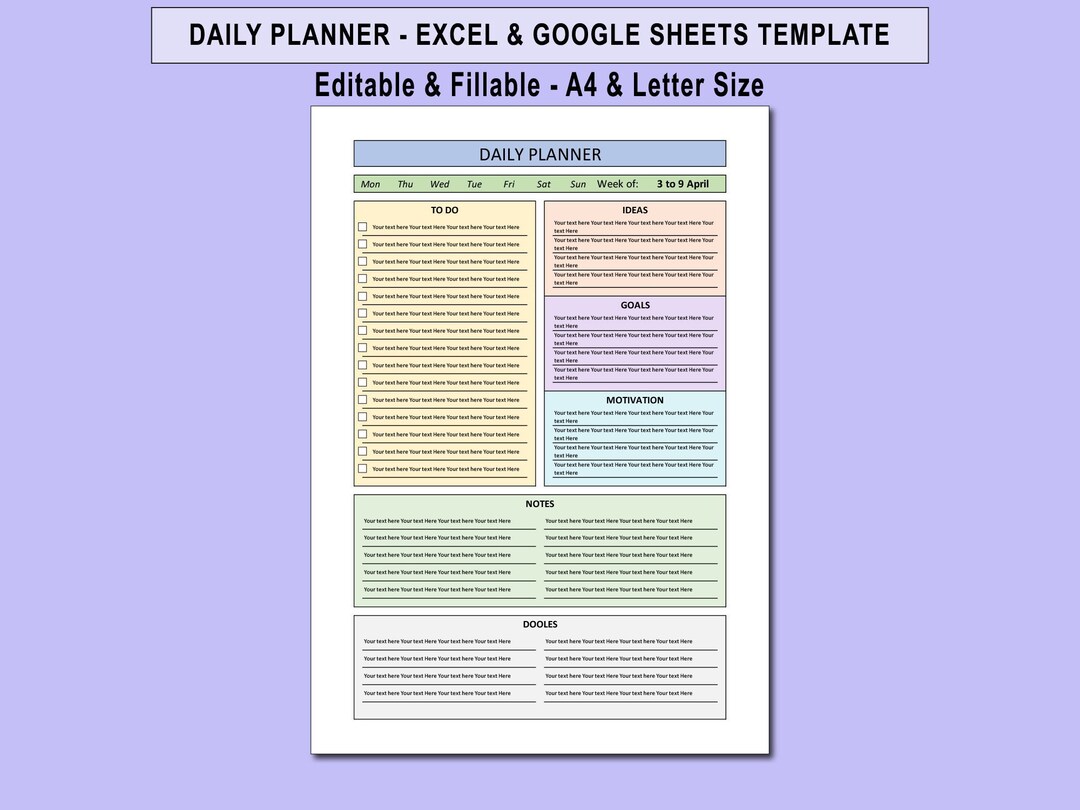Printable Daily Planner Editable Fillable. EXCEL and Google Sheets ...
