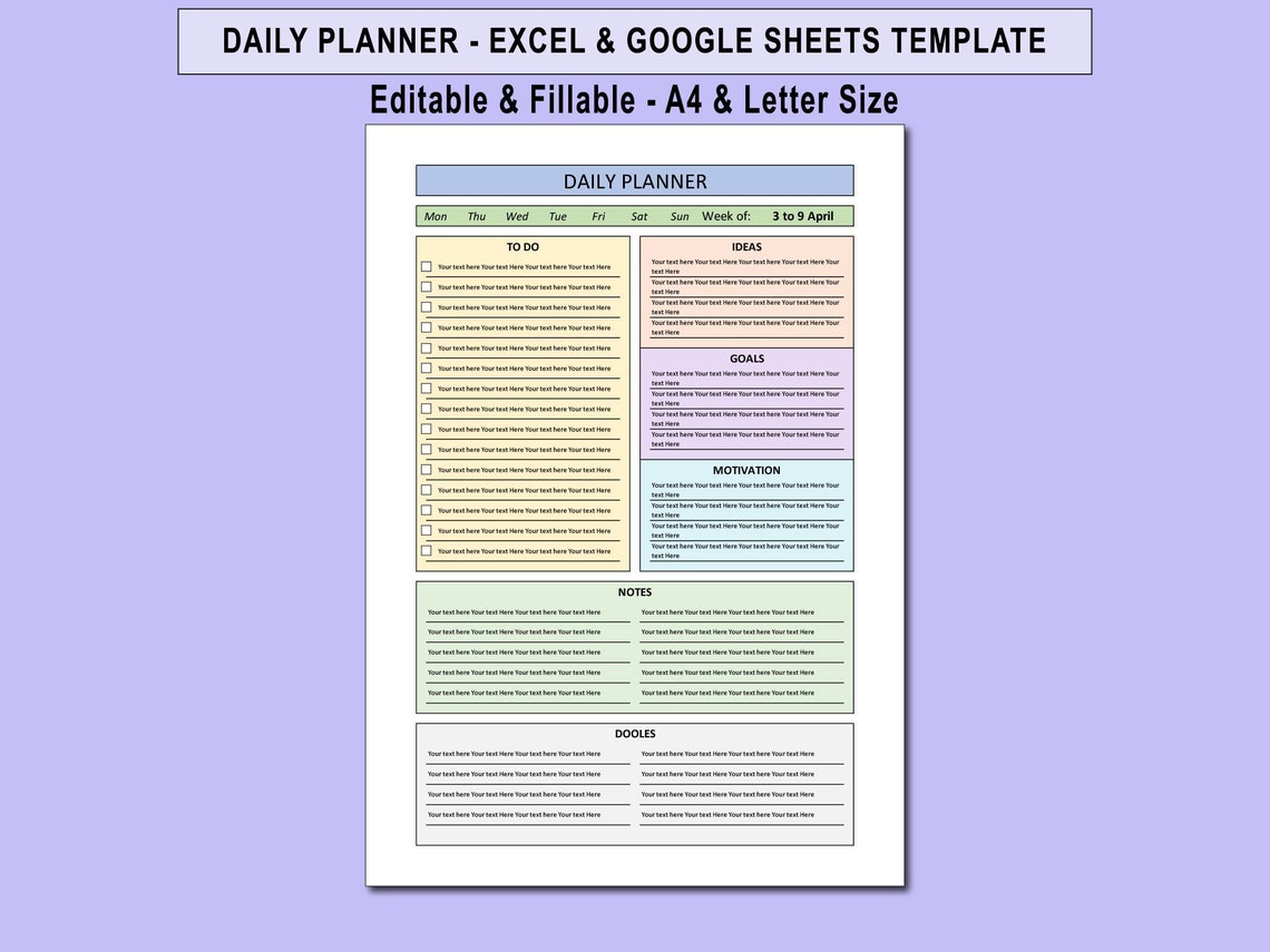 Printable Daily Planner Editable Fillable. EXCEL and Google Sheets ...