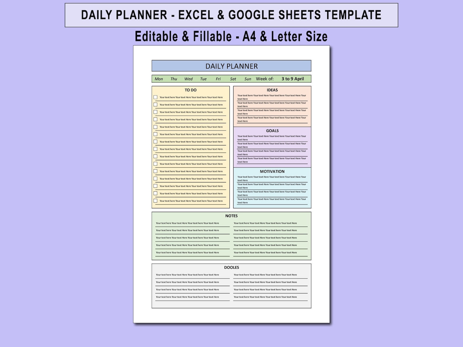Printable Daily Planner Editable Fillable. EXCEL and Google Sheets ...