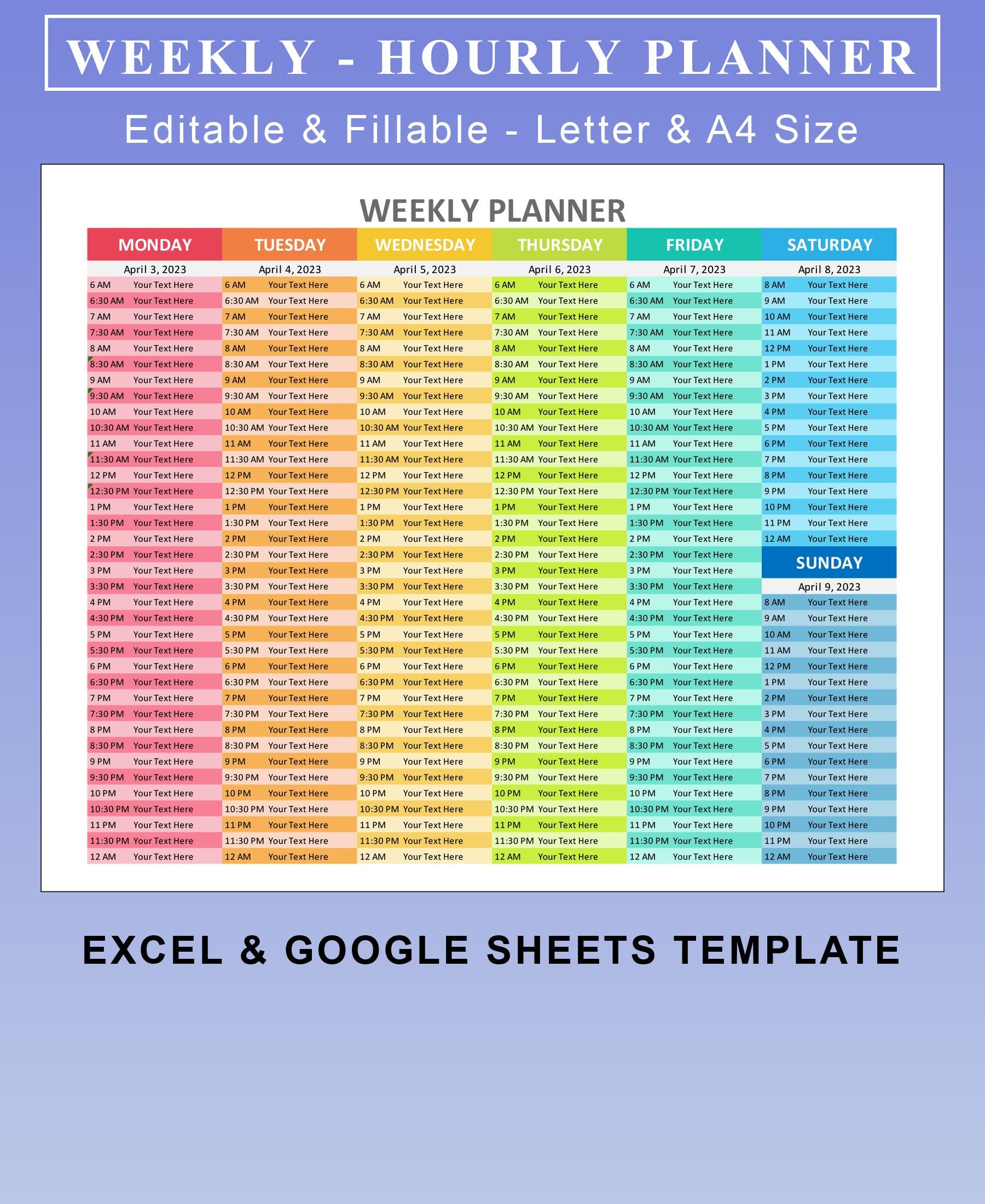 Hourly Weekly Planner Printable Editable. Daily Hourly Planner ...