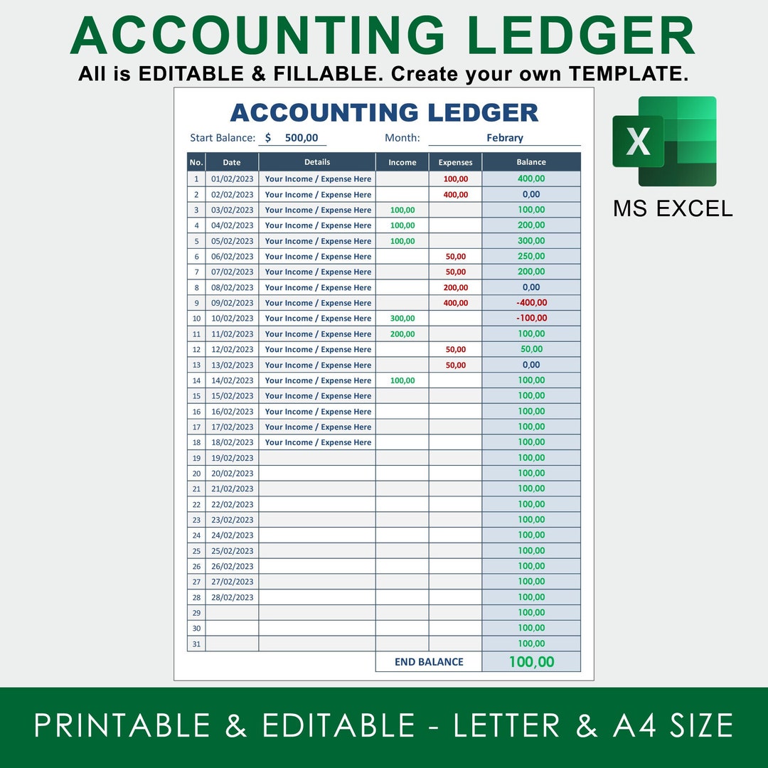 EXCEL Spreadsheet Template: Printable Accounting, Expense Tracker ...
