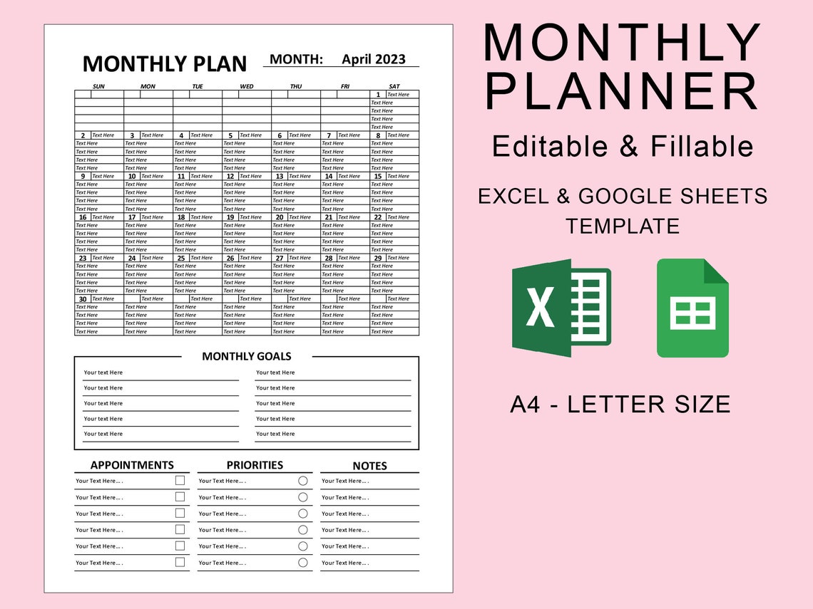 Printable Monthly Planner Editable Fillable. EXCEL Spreadsheets ...