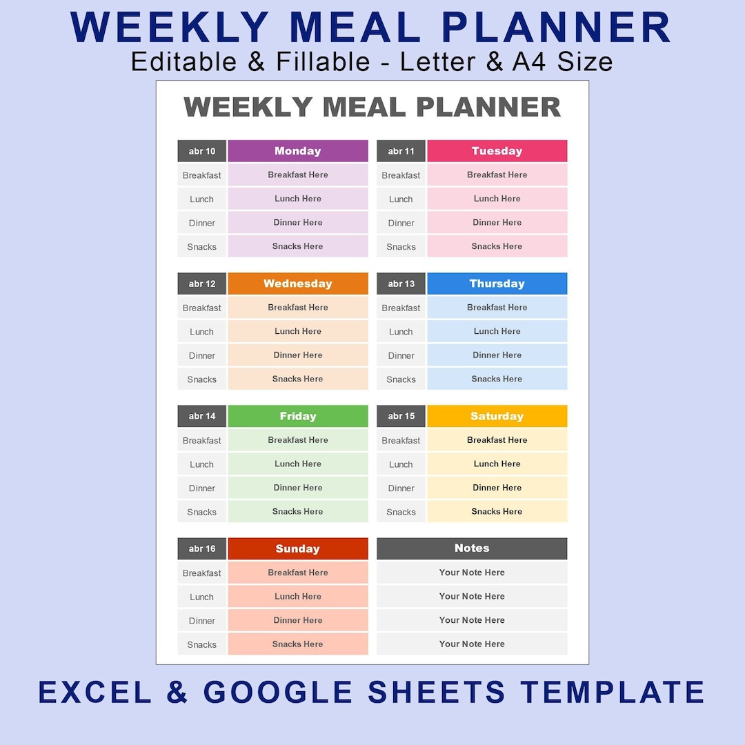 Weekly Meal Planner Printable Editable Fillable. Daily Food Planner ...
