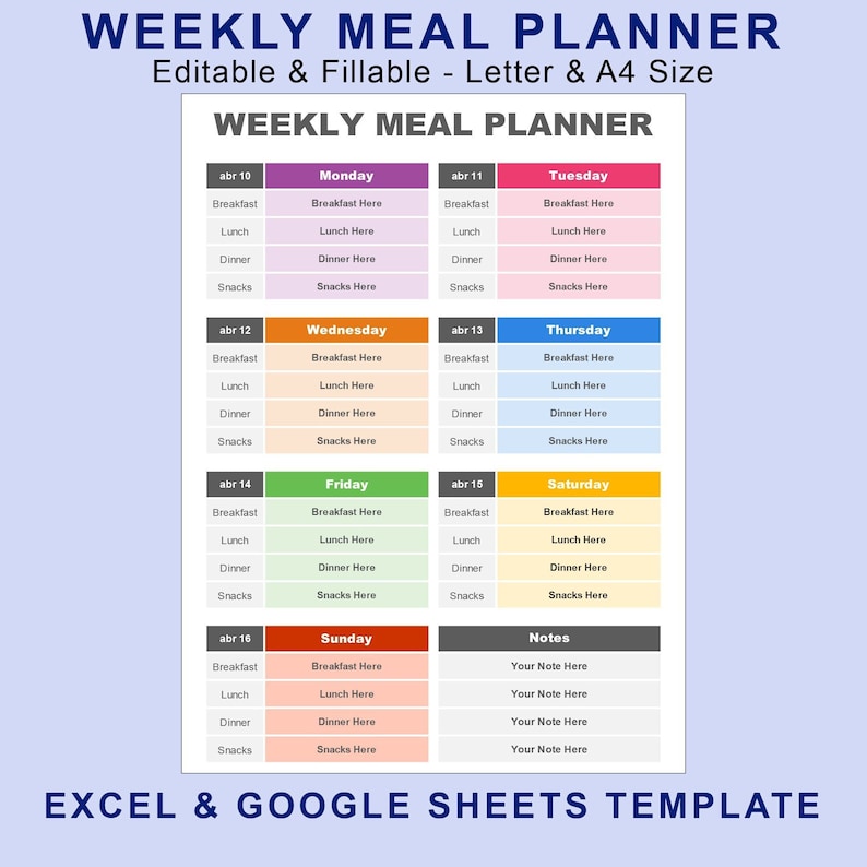 Weekly Menu Planner Printable Editable Fillable. Daily Meal Planner ...