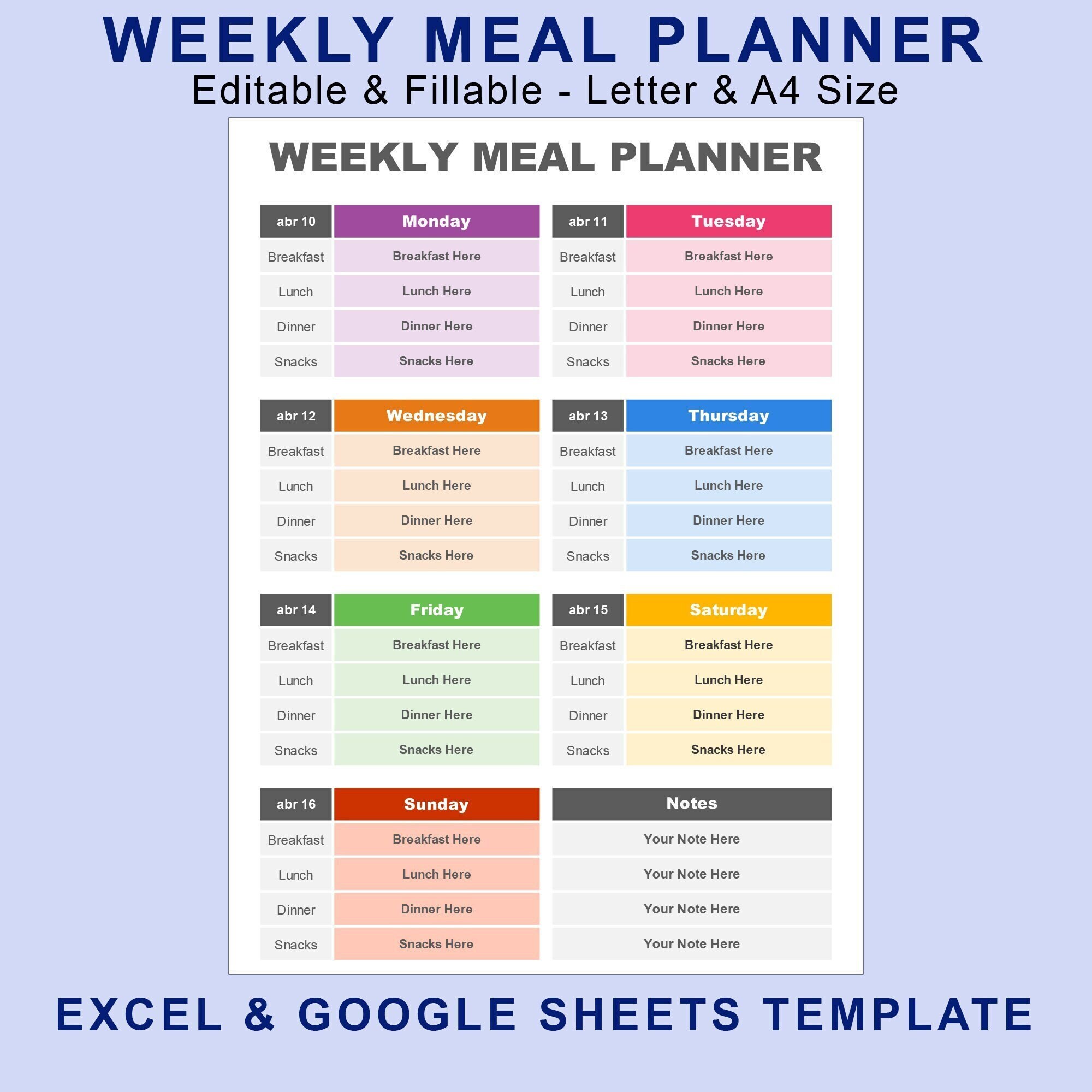 Weekly Meal Planner Printable Editable Fillable. Daily Food Planner ...