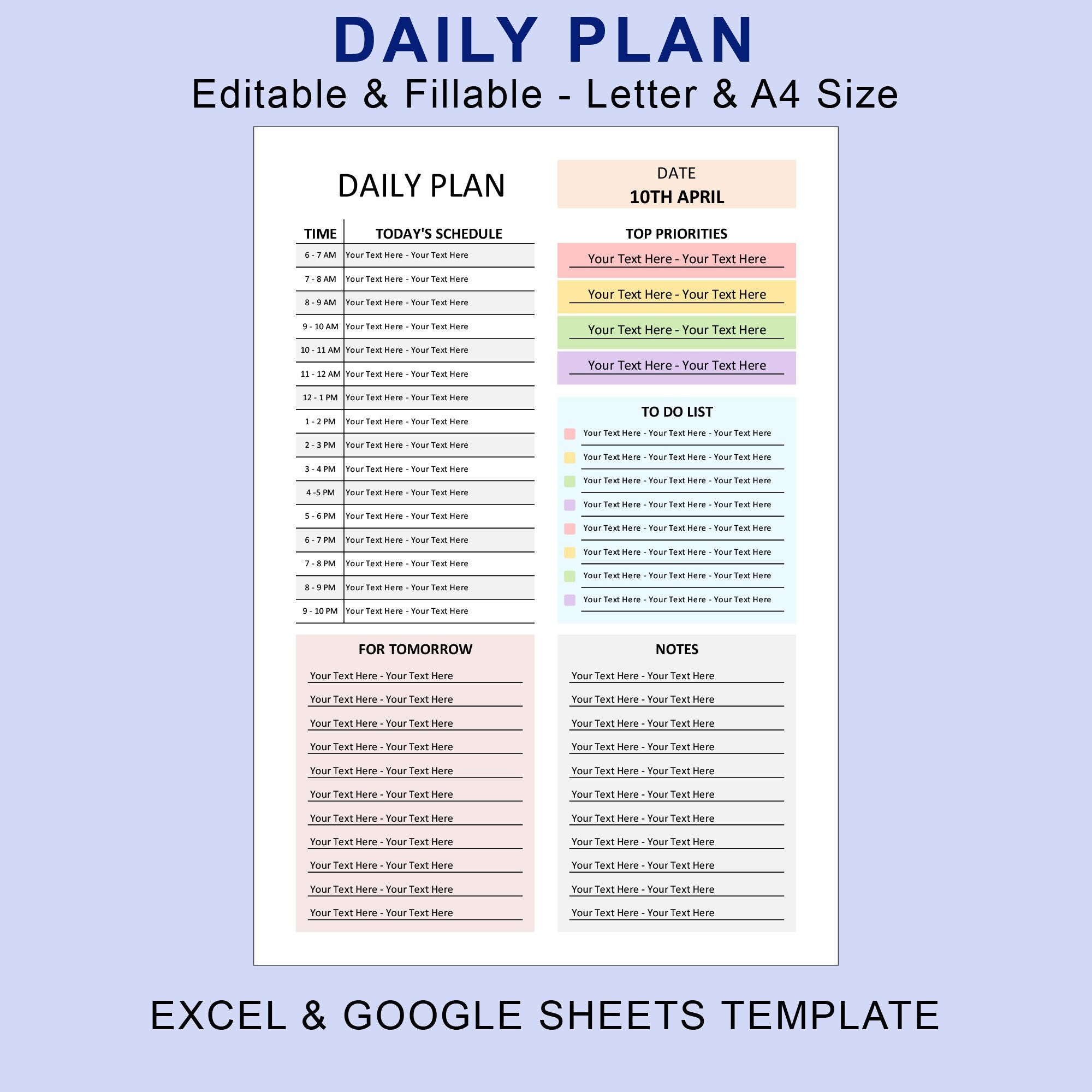 Pastel Daily Planner Editable Printable Fillable. EXCEL Spreadsheet ...