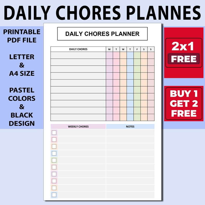 Daily Weekly Chore Chart for Kids Printablekids Tasks - Etsy