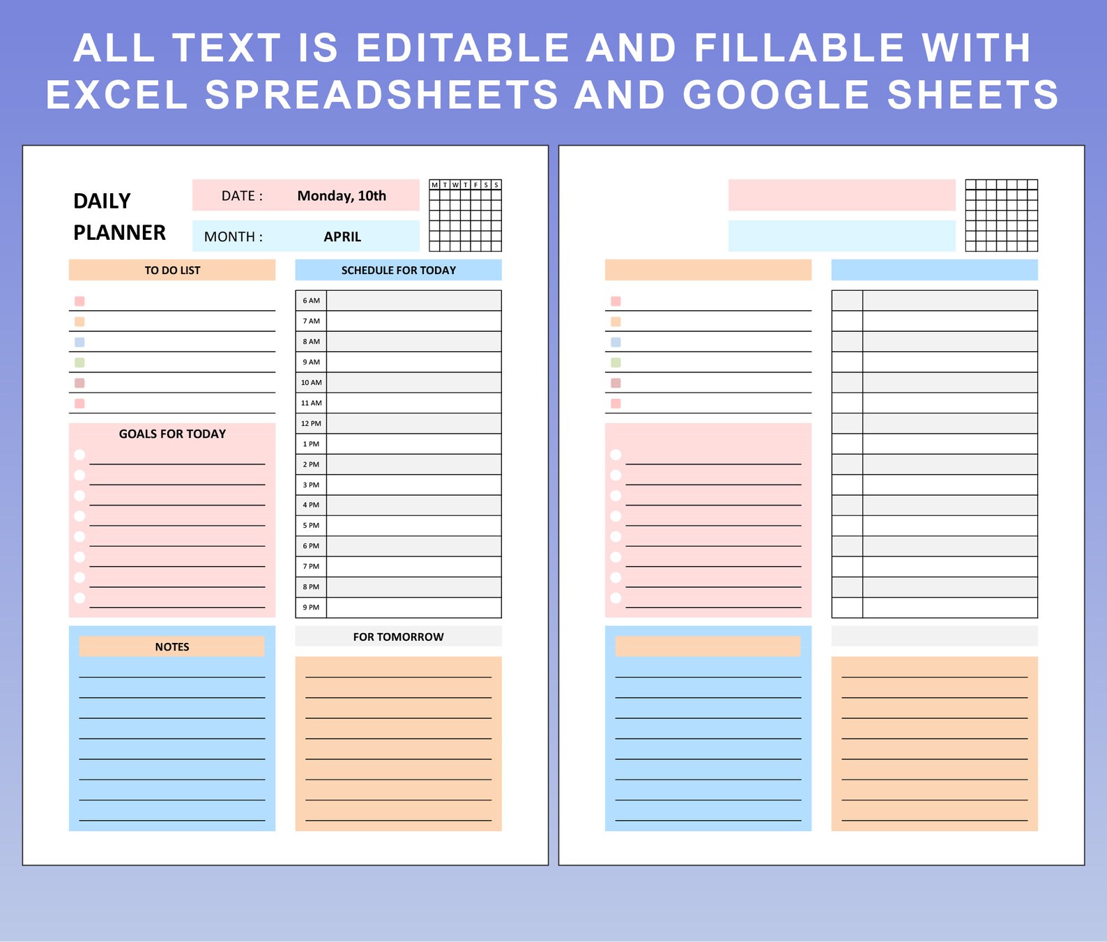 Editable Fillable Printable Dialy Planner. EXCEL Spreadsheets & Google ...