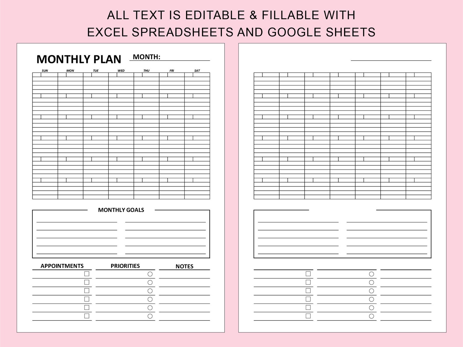 Printable Monthly Planner Editable Fillable. EXCEL Spreadsheets ...