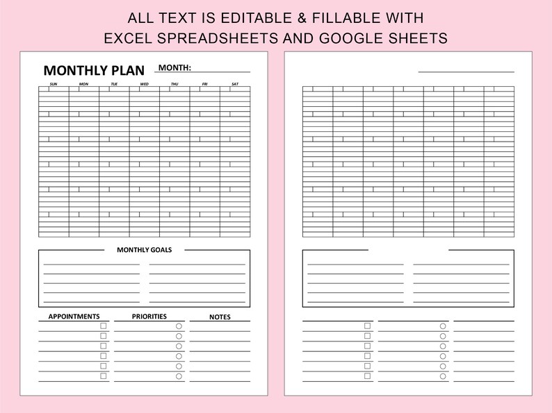 Printable Monthly Planner Editable Fillable. EXCEL Spreadsheets ...