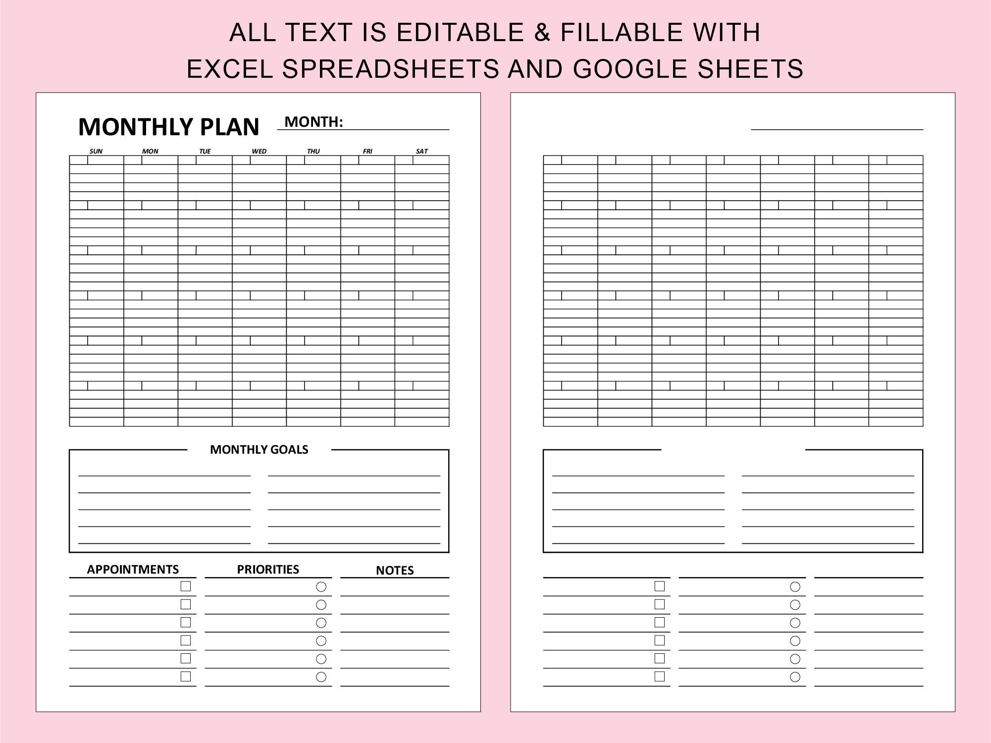 Printable Monthly Planner Editable Fillable. EXCEL Spreadsheets ...