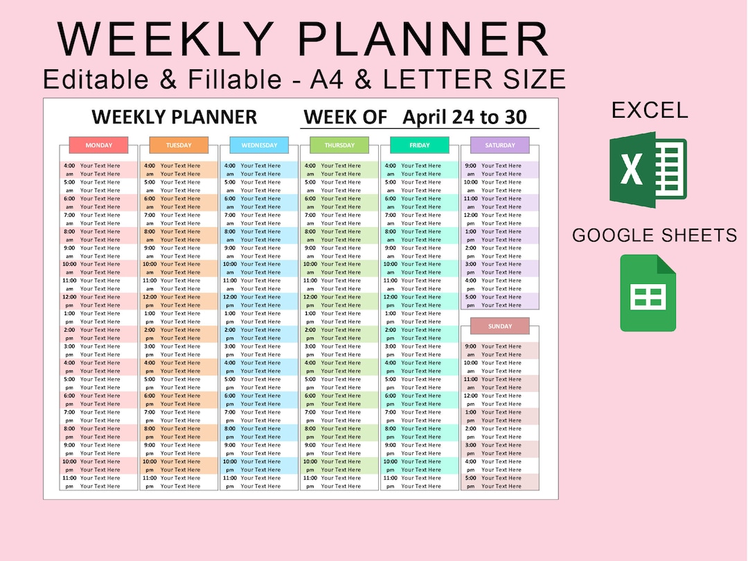 Hourly Weekly Planner Printable Editable. EXCEL Spreadsheet - Google ...
