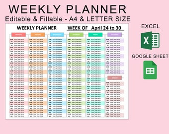 Pastel Daily Planner Editable Printable Fillable. EXCEL Spreadsheet ...