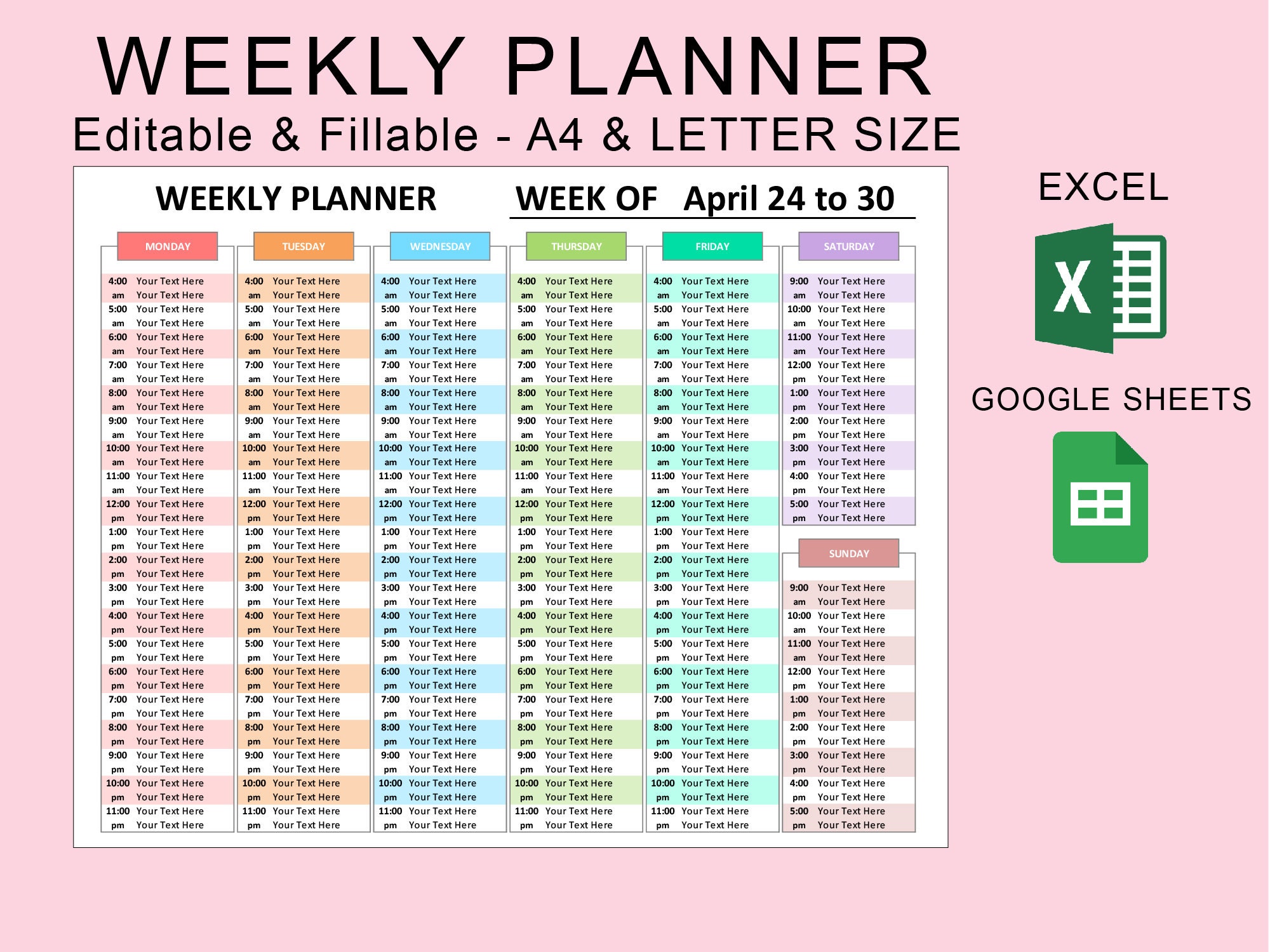 Hourly Weekly Planner Printable Editable. EXCEL Spreadsheet - Google ...