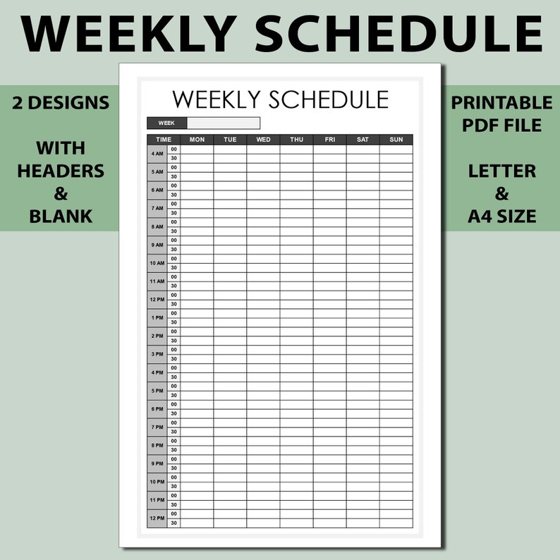 Black White Half Hourly Schedule Planner Printable,30 Min Hourly Day ...