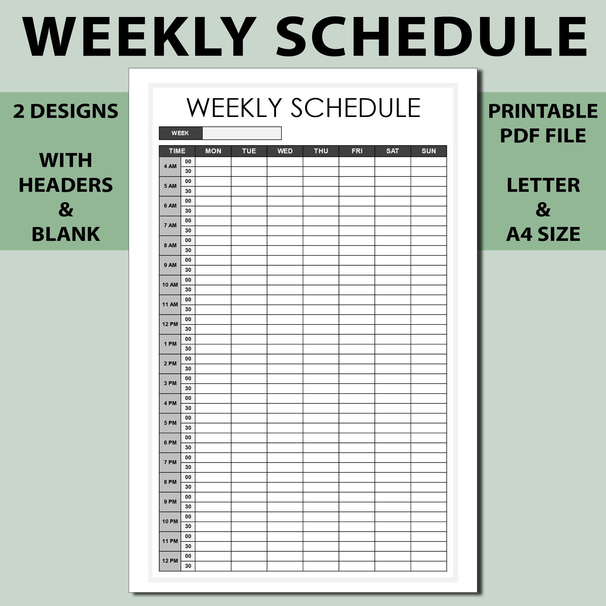 Black White Half Hourly Schedule Planner Printable,30 Min Hourly Day ...