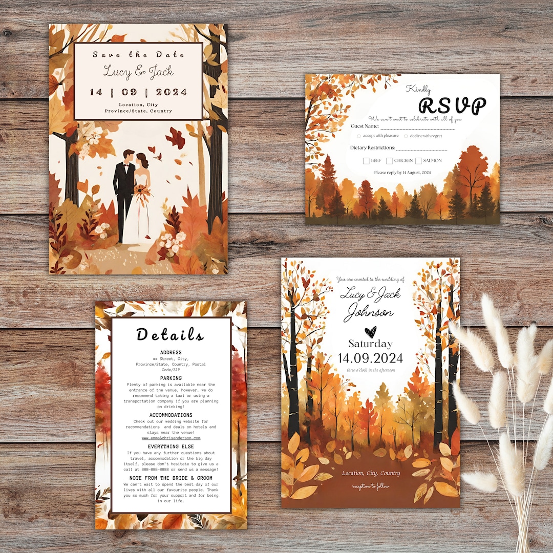 Rustic Fall Wedding Invitation Template Set, Rustic Romantic Wedding ...