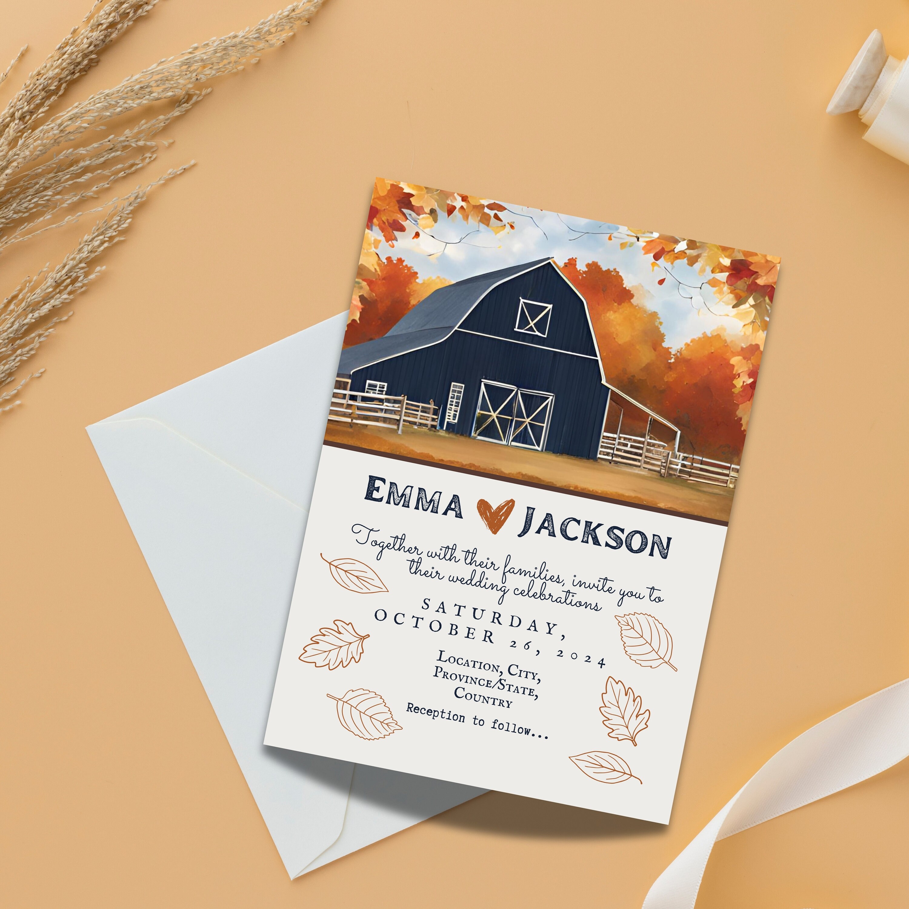 Rustic Barn Wedding Invitation Template, Fall Country Card (digital ...