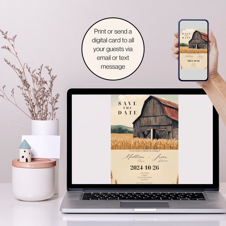 Rustic Barn Wedding Save the Date Card, Printable Canva Template ...