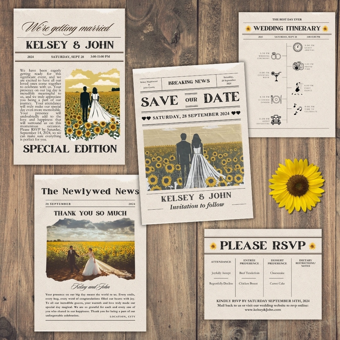 Newspaper Wedding Invitation Suite, Sunflower Rustic Wedding Invitation ...