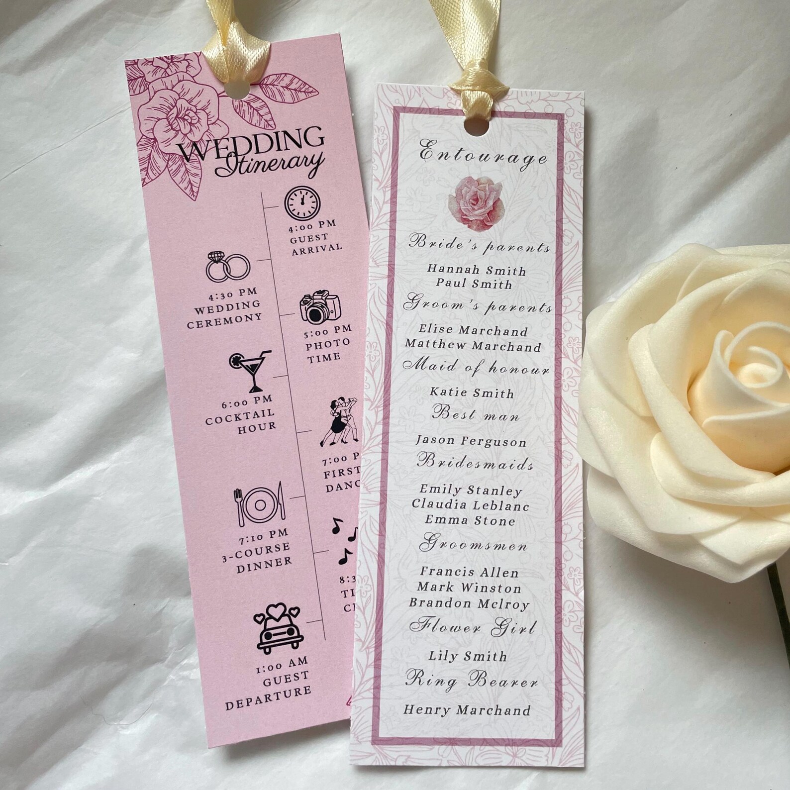Bookmark Wedding Favour Itinerary Card, Entourage Card, Personalized ...