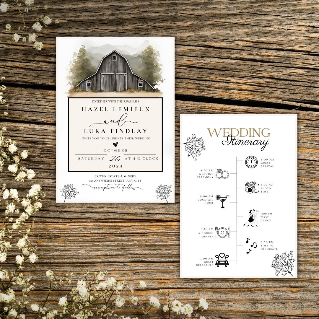 Rustic Barn Wedding Invitation Template, Itinerary, Printable Card ...