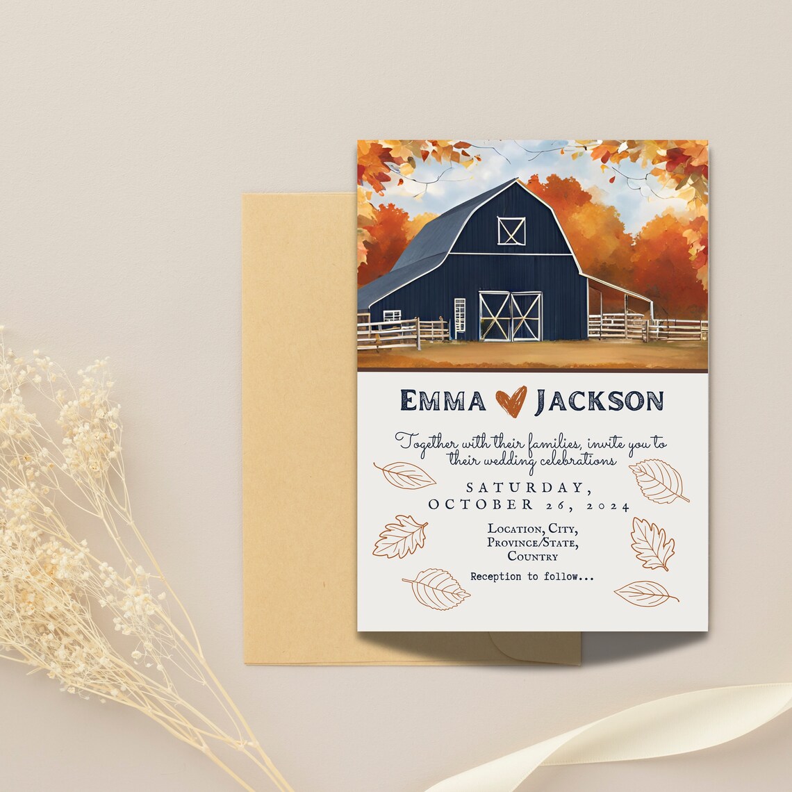 Rustic Barn Wedding Invitation Template, Fall Country Card (digital ...