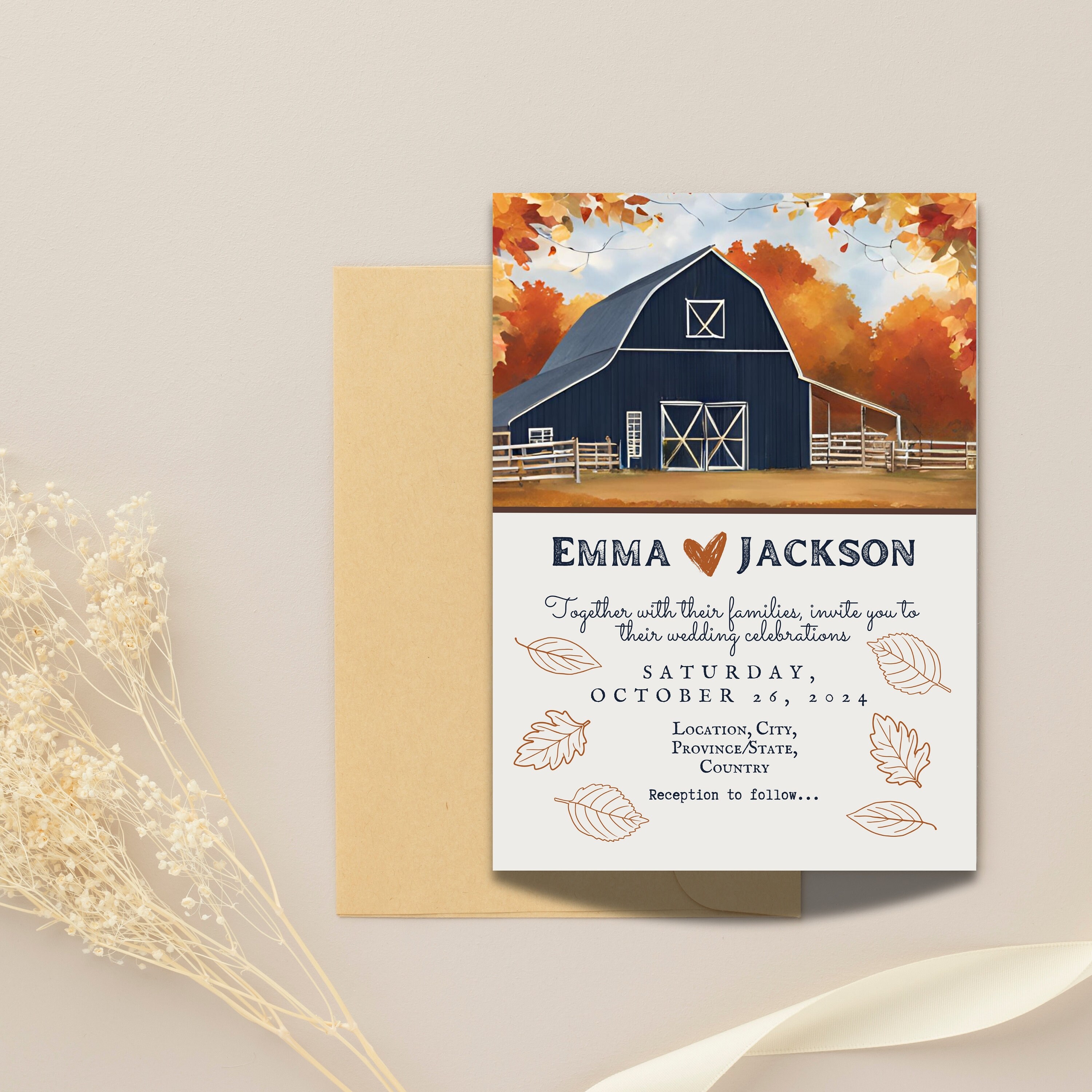 Rustic Barn Wedding Invitation Template, Fall Country Card (digital ...