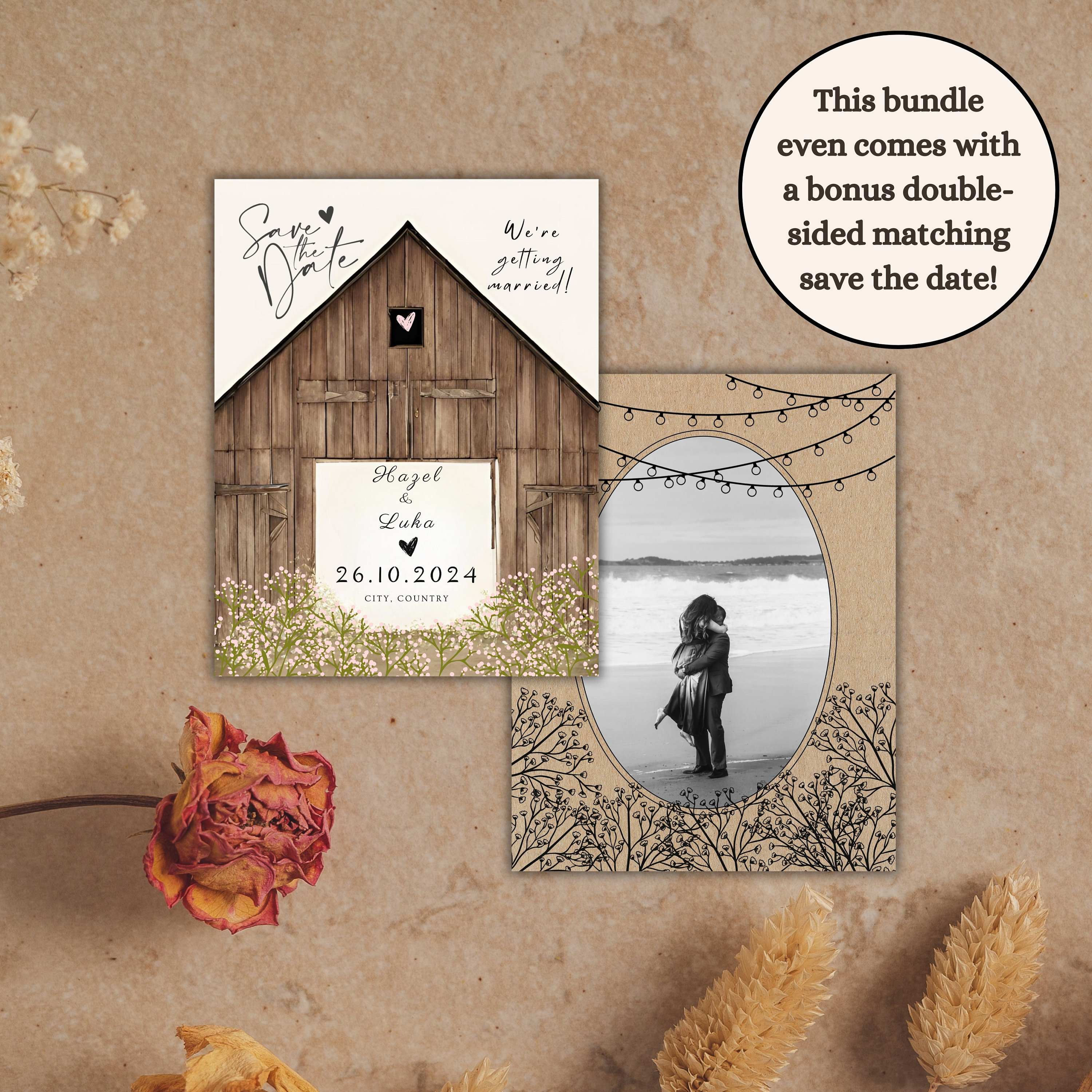 Country Barn Wedding Invitation Bundle, Country Rustic Wedding Invitation Set, Editable ...