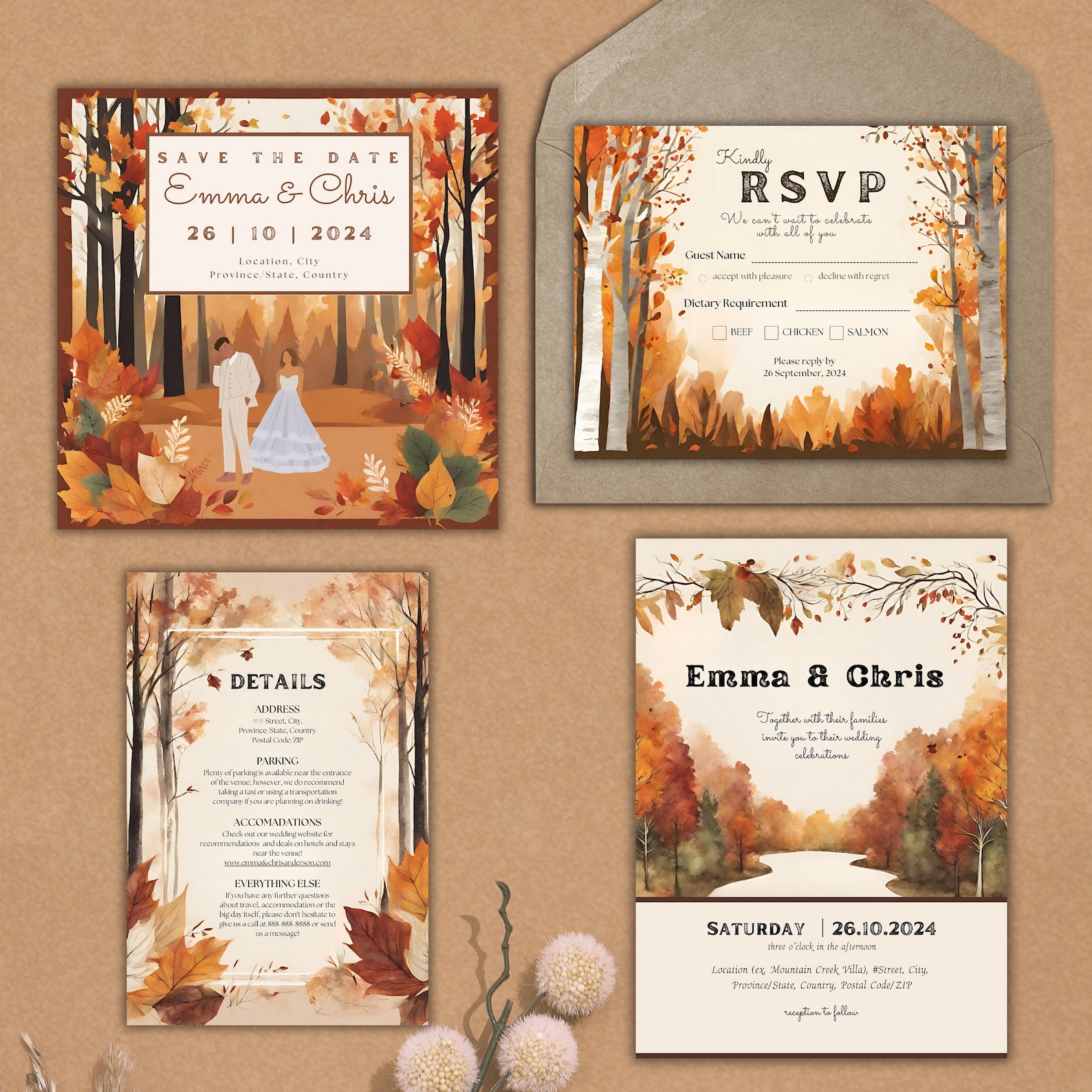 Rustic Fall Wedding Invitation Template Set, Rustic Wedding Invite ...