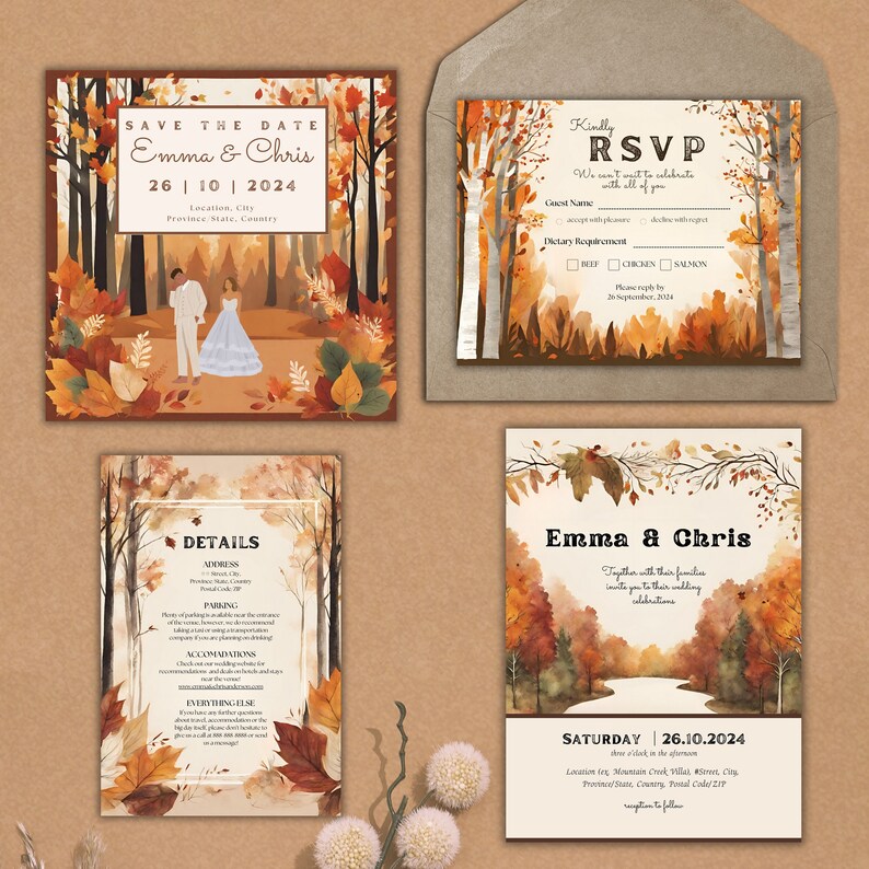 Rustic Fall Wedding Invitation Template Set, Canva Editable (instant ...