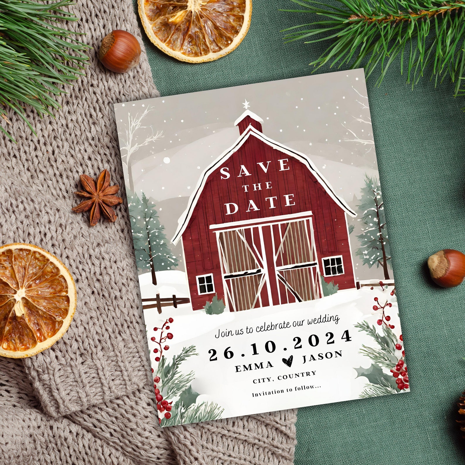 Rustic Winter Wedding Save the Date Template, Country Barn Wedding ...