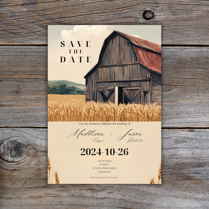 Country Barn Wedding Invitation Bundle, Editable Country Rustic Wedding Invitation Set, Wedding ...