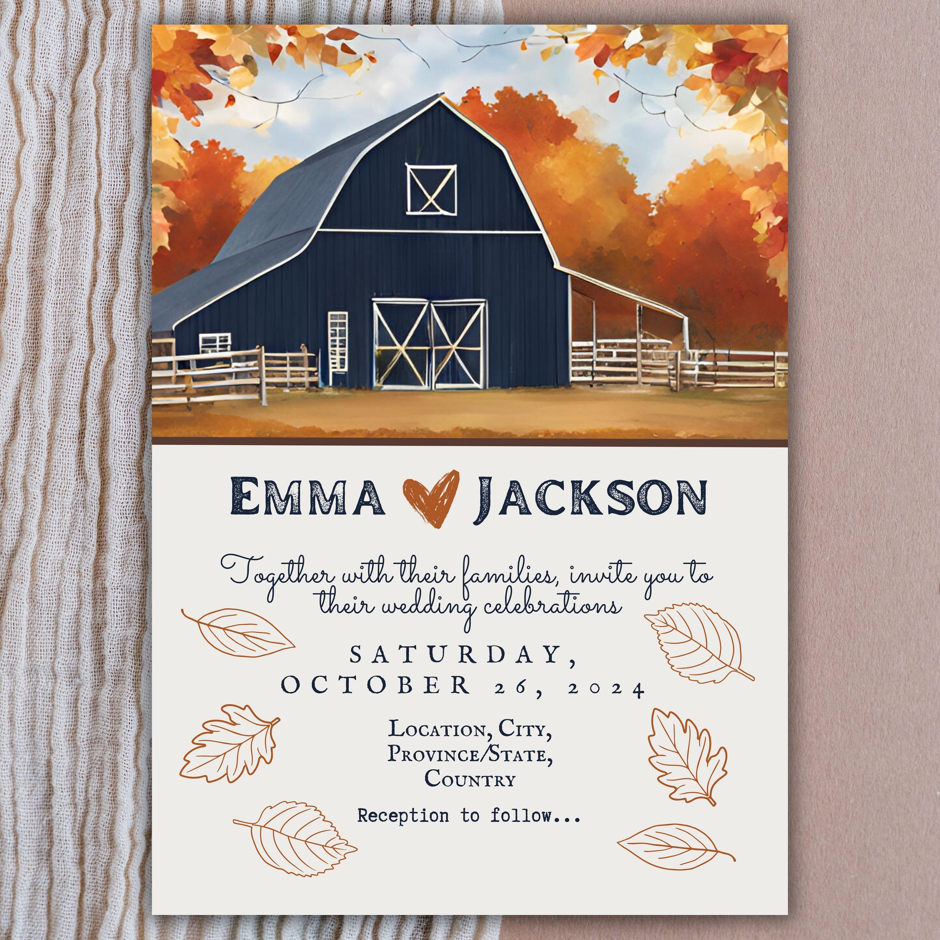 Rustic Barn Wedding Invitation Template, Fall Country Card (digital ...