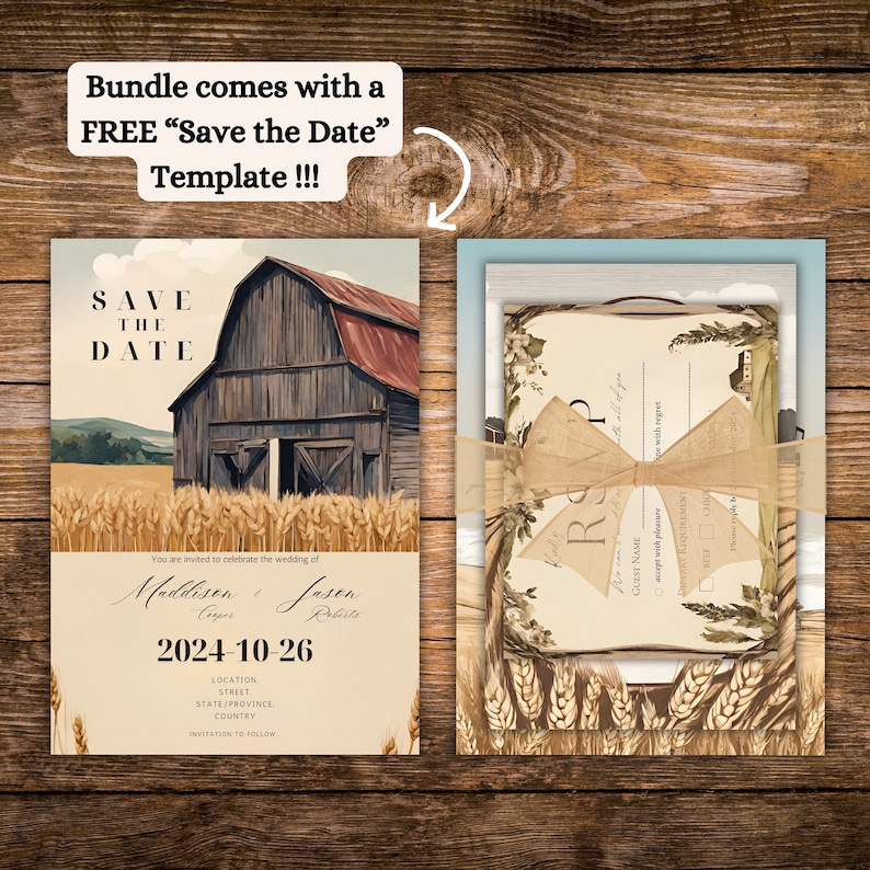 Country Barn Wedding Invitation Bundle, Editable Country Rustic Wedding Invitation Set, Wedding ...