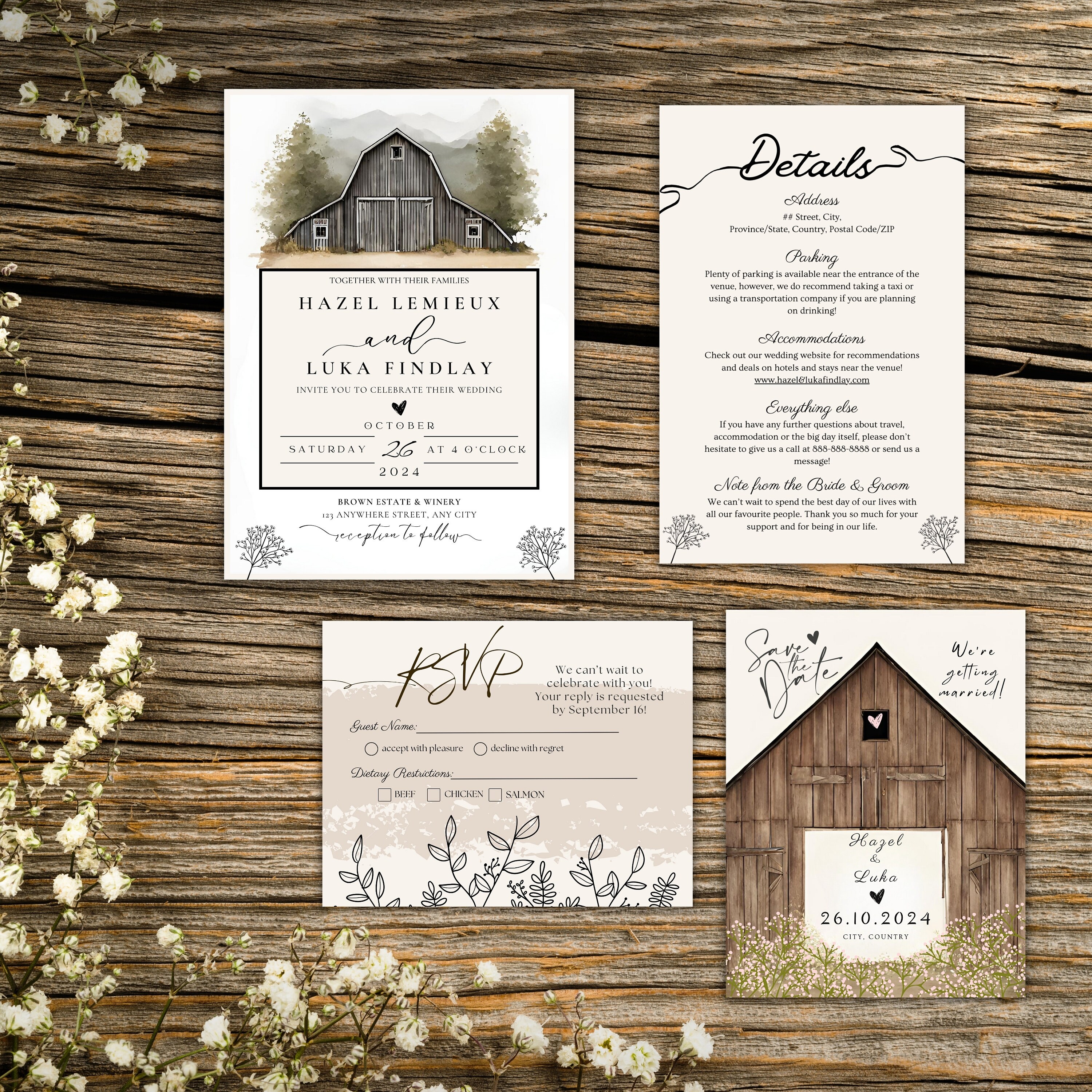 Rustic Barn Wedding Invitation Set, Printable Canva Template (digital ...