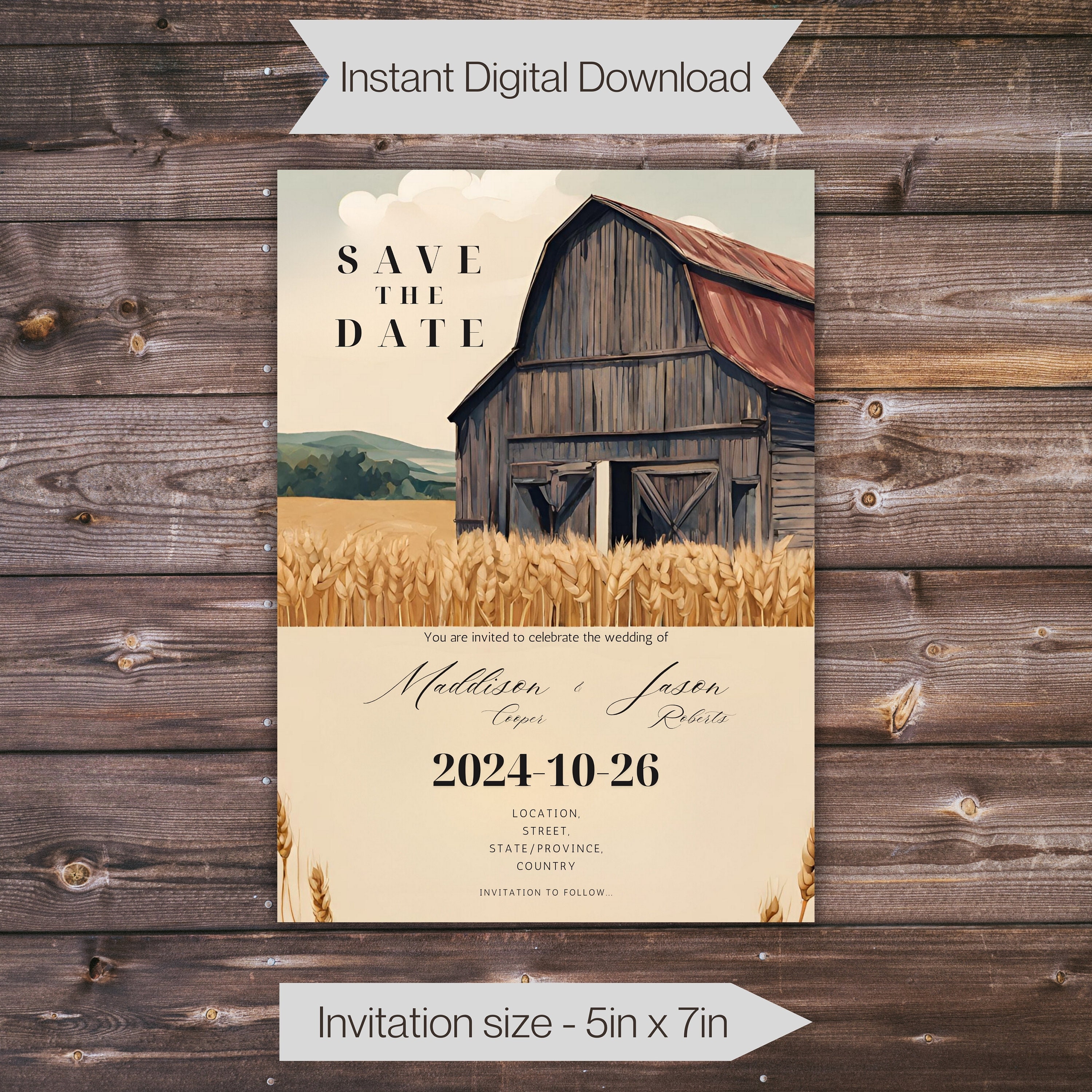 Rustic Barn Wedding Save the Date Template, Country Barn Wedding Card ...