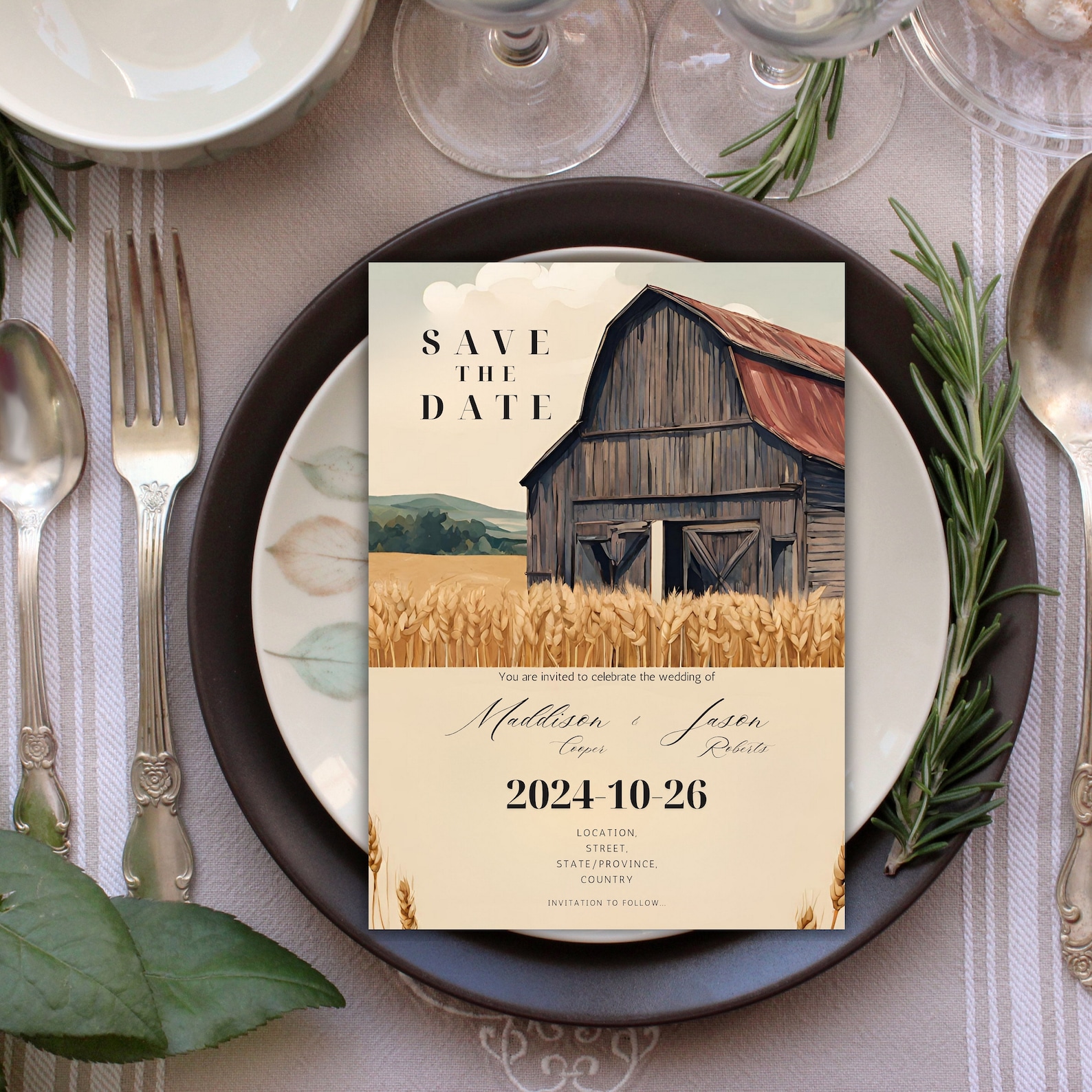 Rustic Barn Wedding Save the Date Template, Country Barn Wedding Card ...