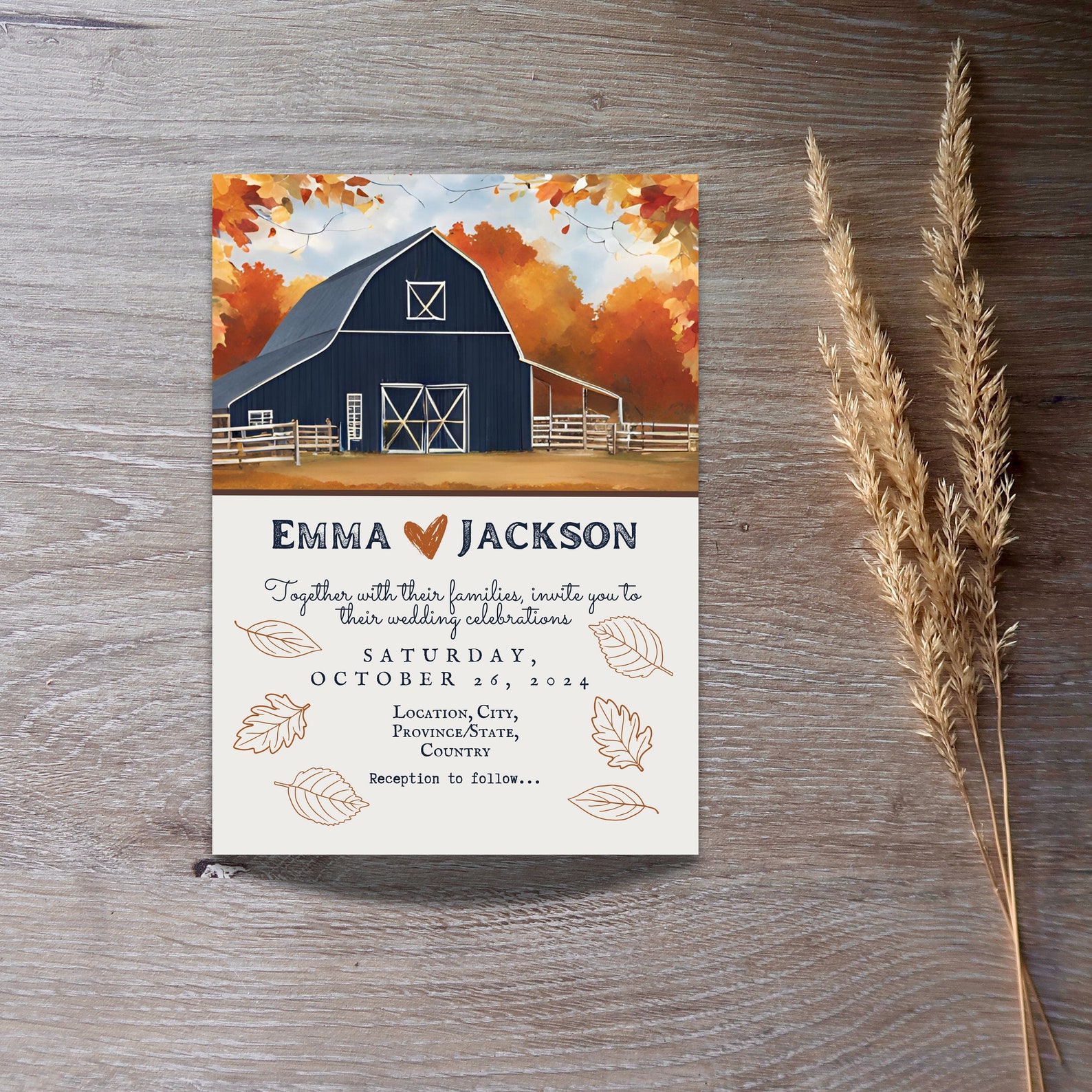 Rustic Barn Wedding Invitation Template, Fall Country Card (digital ...