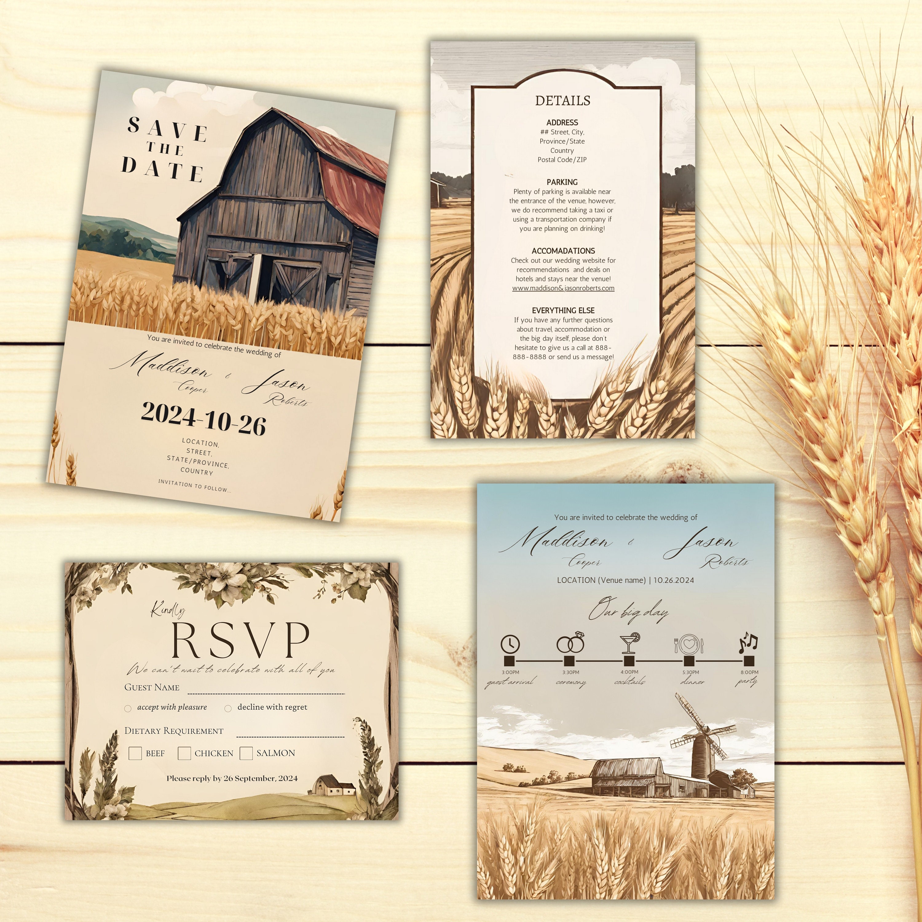 Country Barn Wedding Invitation Bundle, Editable Country Rustic Wedding ...
