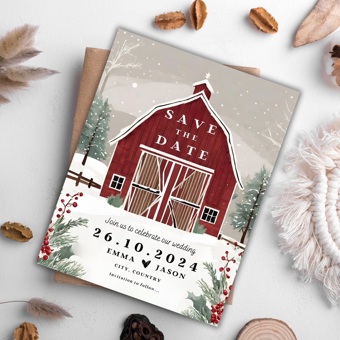 Rustic Winter Wedding Save the Date Template, Country Barn Wedding ...