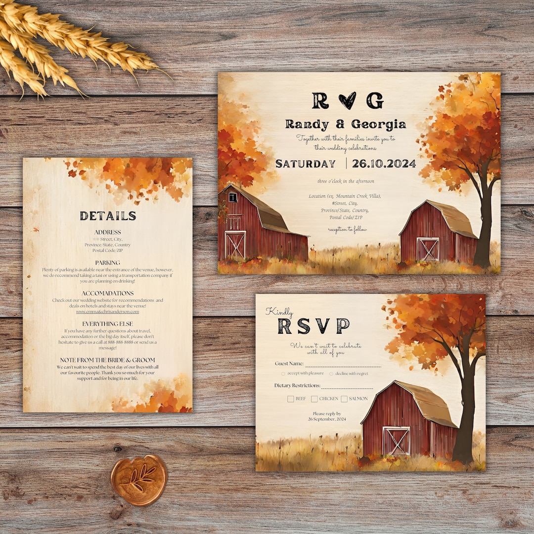 Rustic Fall Wedding Invitation Bundle - Country Barn Theme, Canva Template, Digital Download ...