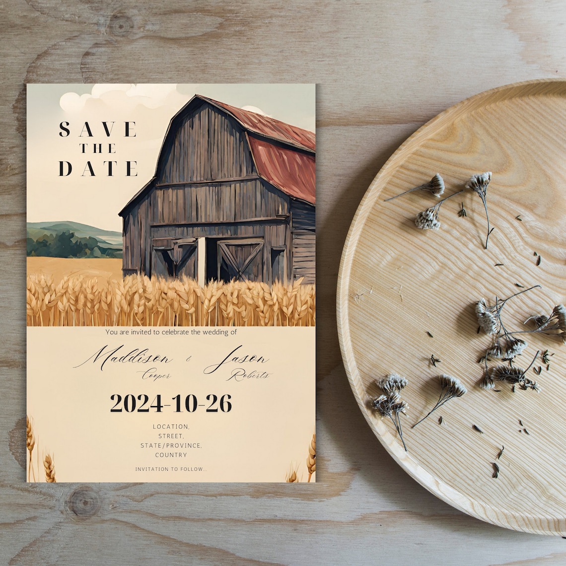 Rustic Barn Wedding Save the Date Template, Country Barn Wedding Card ...
