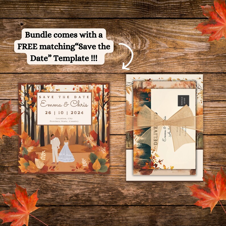 Rustic Fall Wedding Invitation Template Set, Rustic Wedding Invite Suite Bundle, Canva Template ...