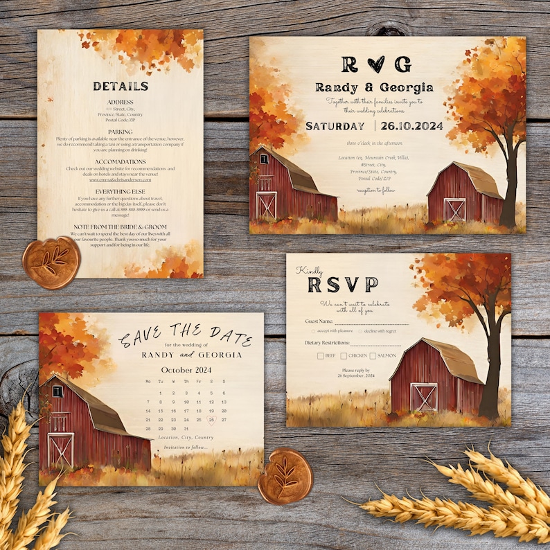 Rustic Fall Wedding Invitation Bundle Country Barn Theme, Canva ...