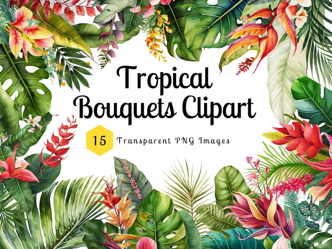 Watercolor Tropical Bouquets Clipart Orchid Monstera Heliconia Palm ...