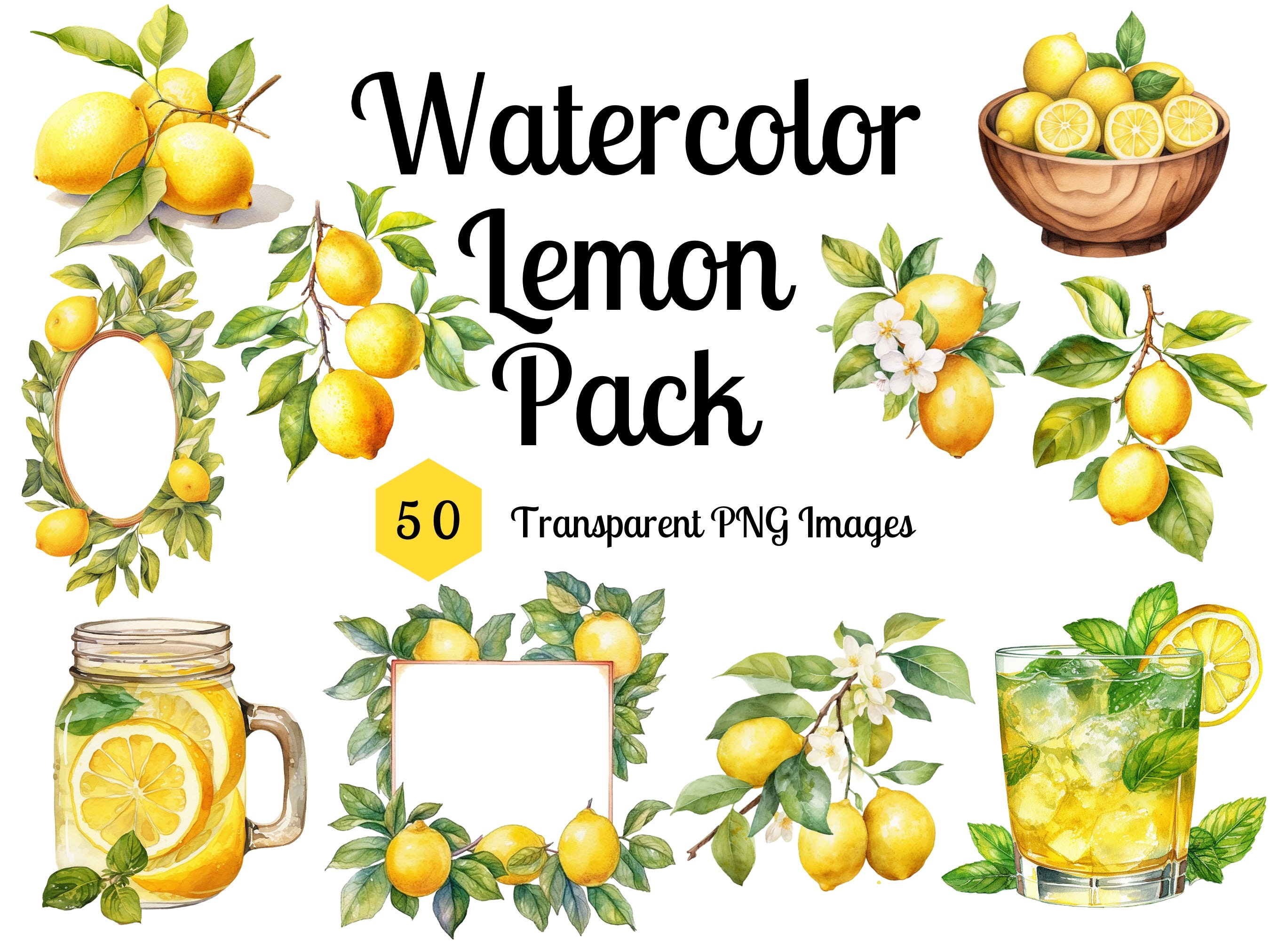 Watercolor Lemon Clipart Mega Pack Lemon Branches and Lemonade Art ...