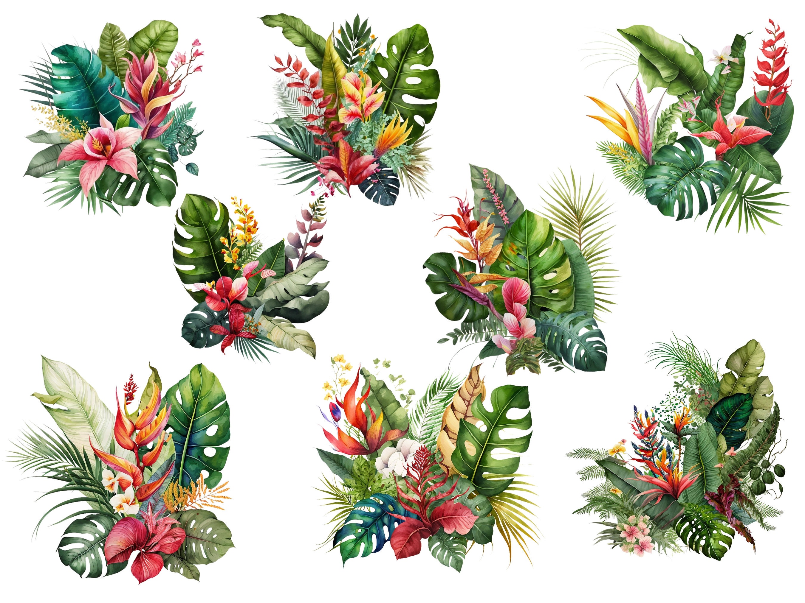Watercolor Tropical Bouquets Clipart Orchid Monstera Heliconia Palm ...