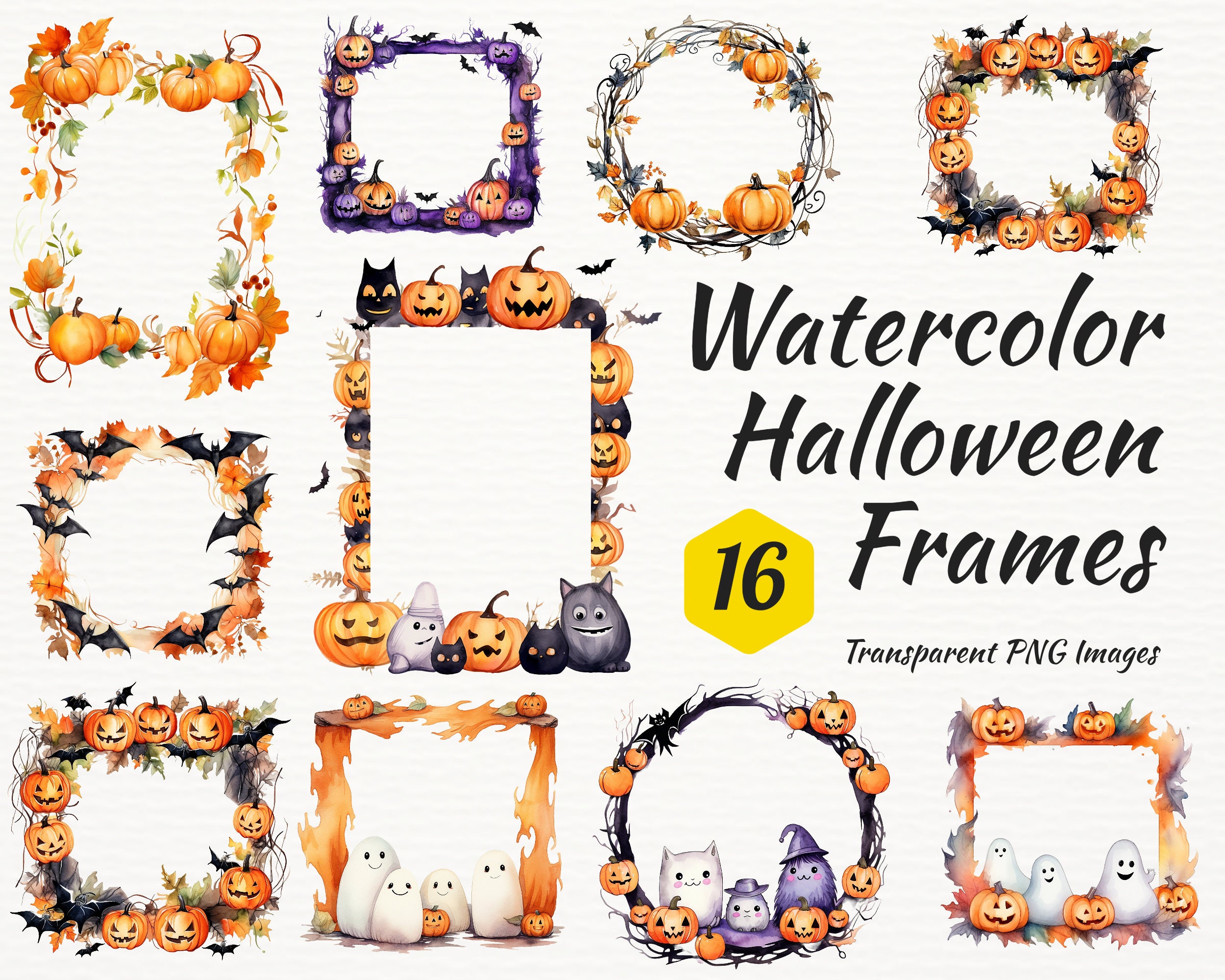Watercolor Halloween Frames Clipart, Pumpkins Ghosts Cats Bats Art ...