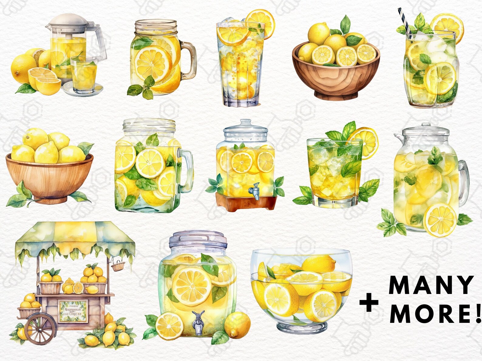 Watercolor Lemonade Clipart Pack Lemon Glasses Pitchers and Bowls ...